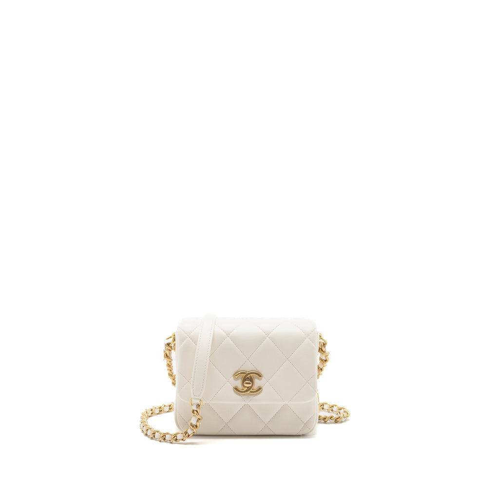 CHANEL SEASONAL SQUARE FLAP BAG LAMBSKIN WHITE GHW (MICROCHIP) – Ateléra