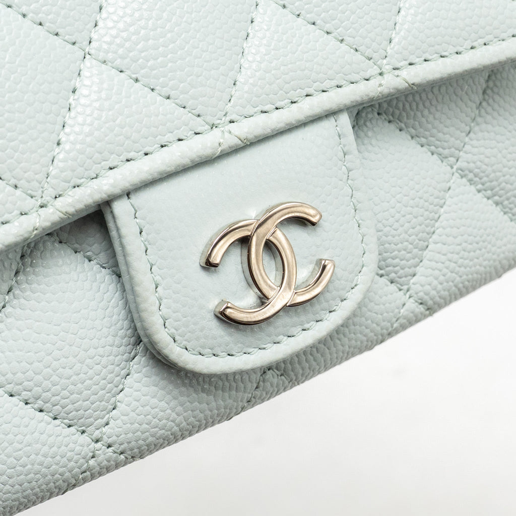 CHANEL SUNGLASSES CASE CLUTCH WITH CHAIN CAVIAR LIGHT BLUE SHW – Ateléra